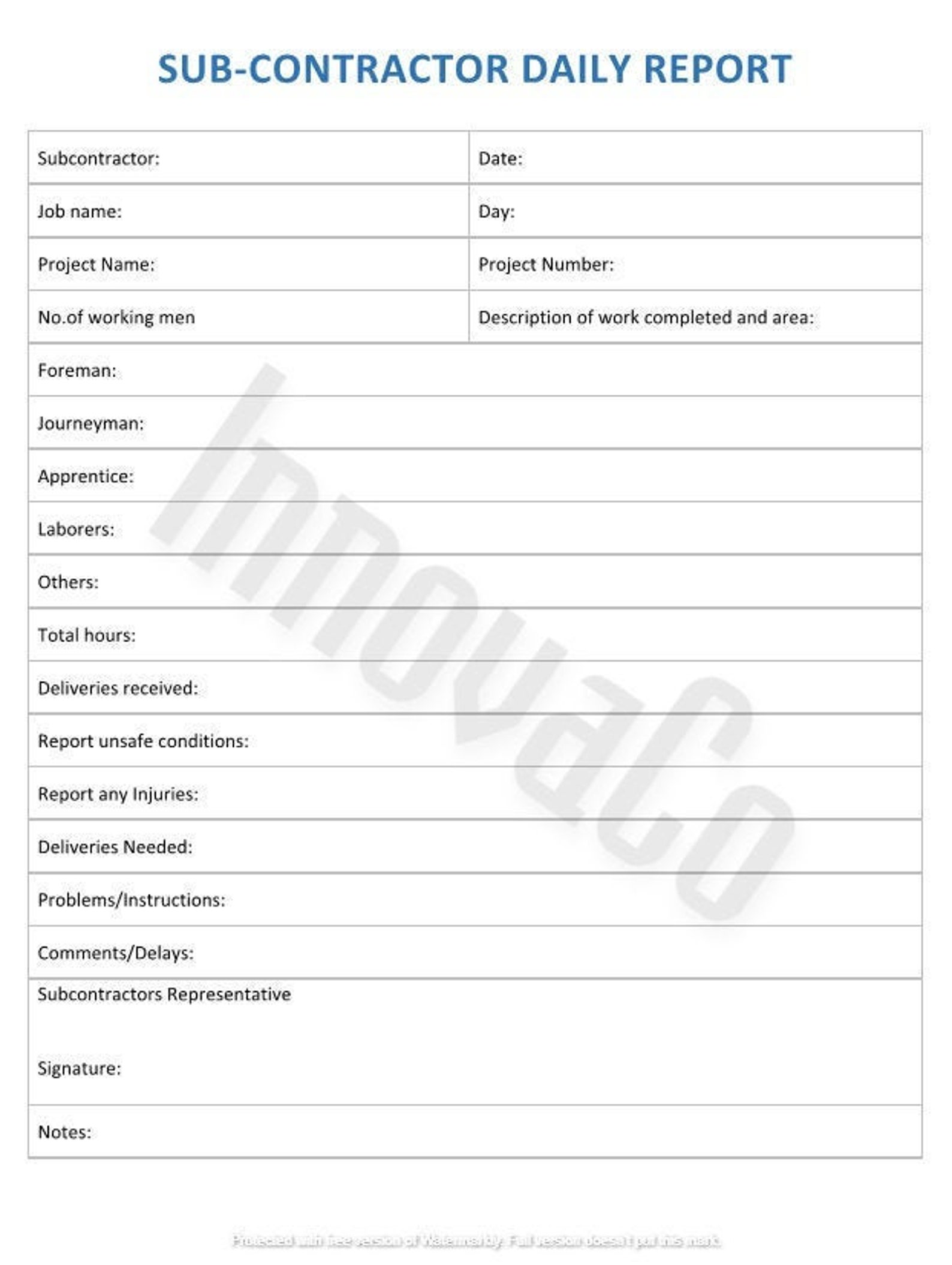 Contractor Daily Report Template, Subcontractor Daily Report Form, Sub ...