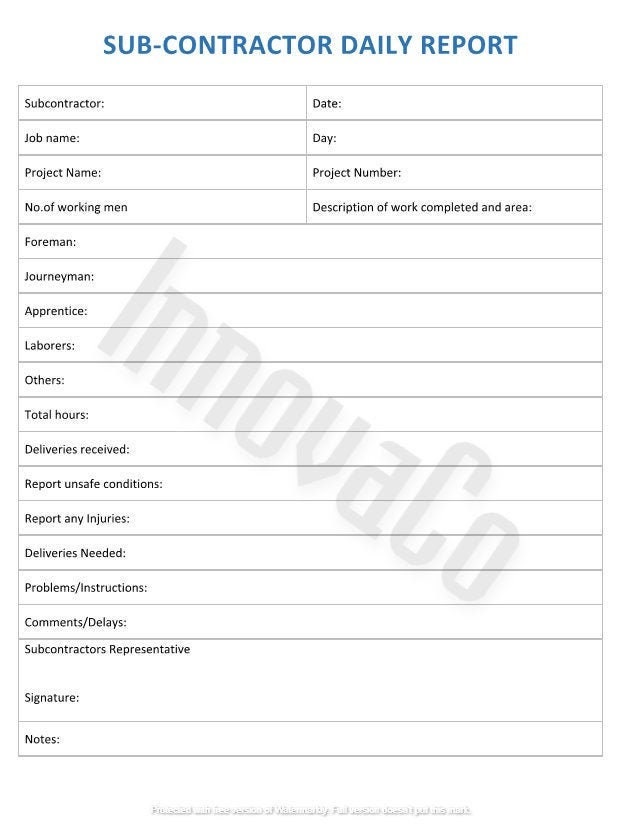 Contractor Daily Report Template, Subcontractor Daily Report Form, Sub ...