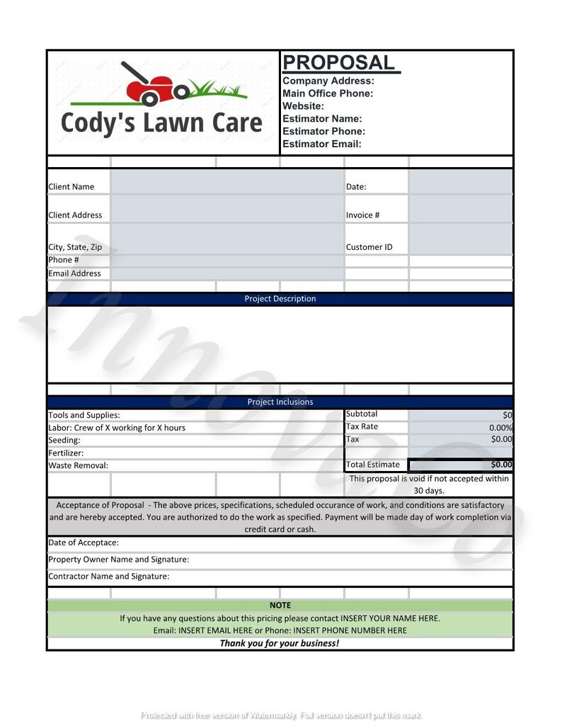 Lawn Care Quote Template Lawn Care Estimate Template Lawn Etsy