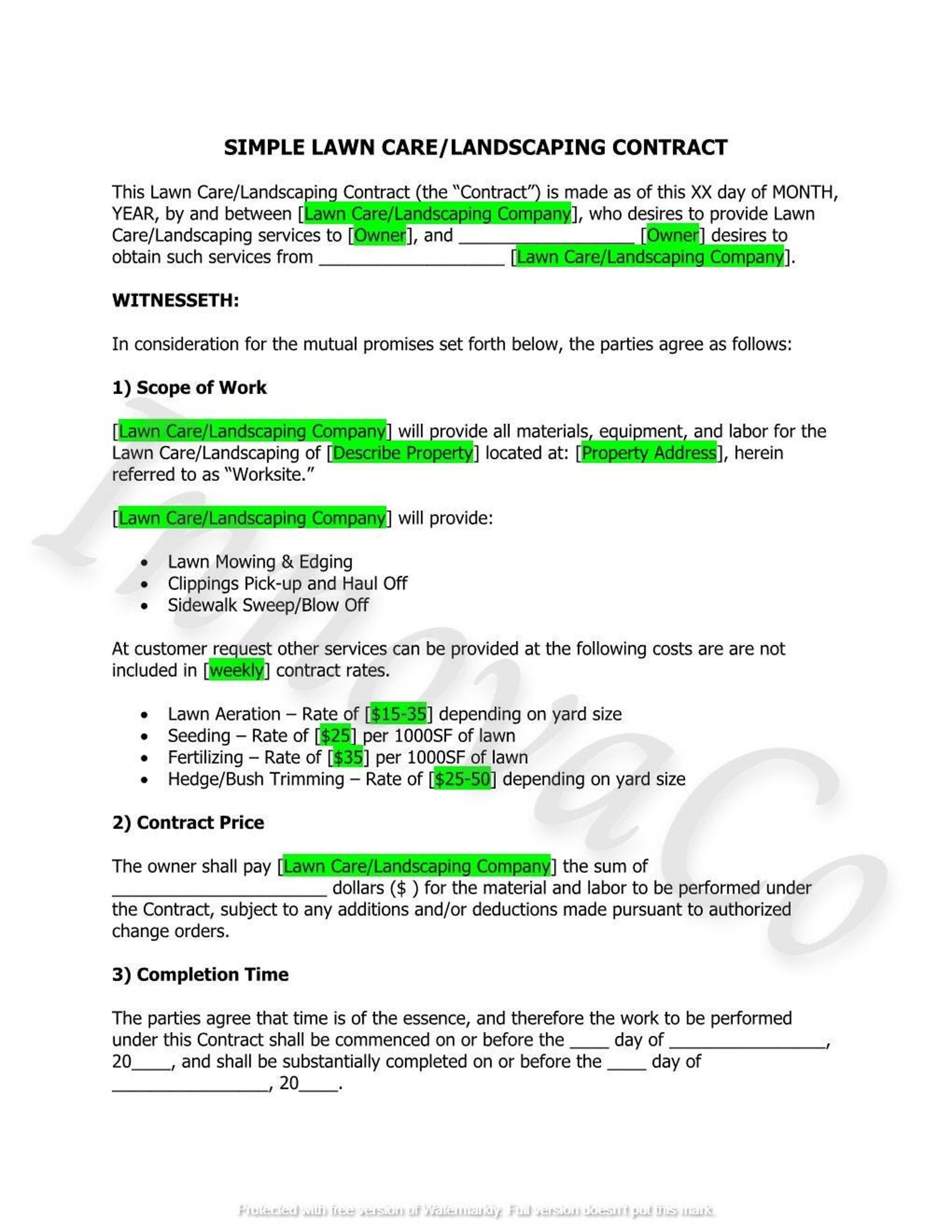 Buy Lawn Care Service Agreement Lawn Care And Landscape Contract Online 