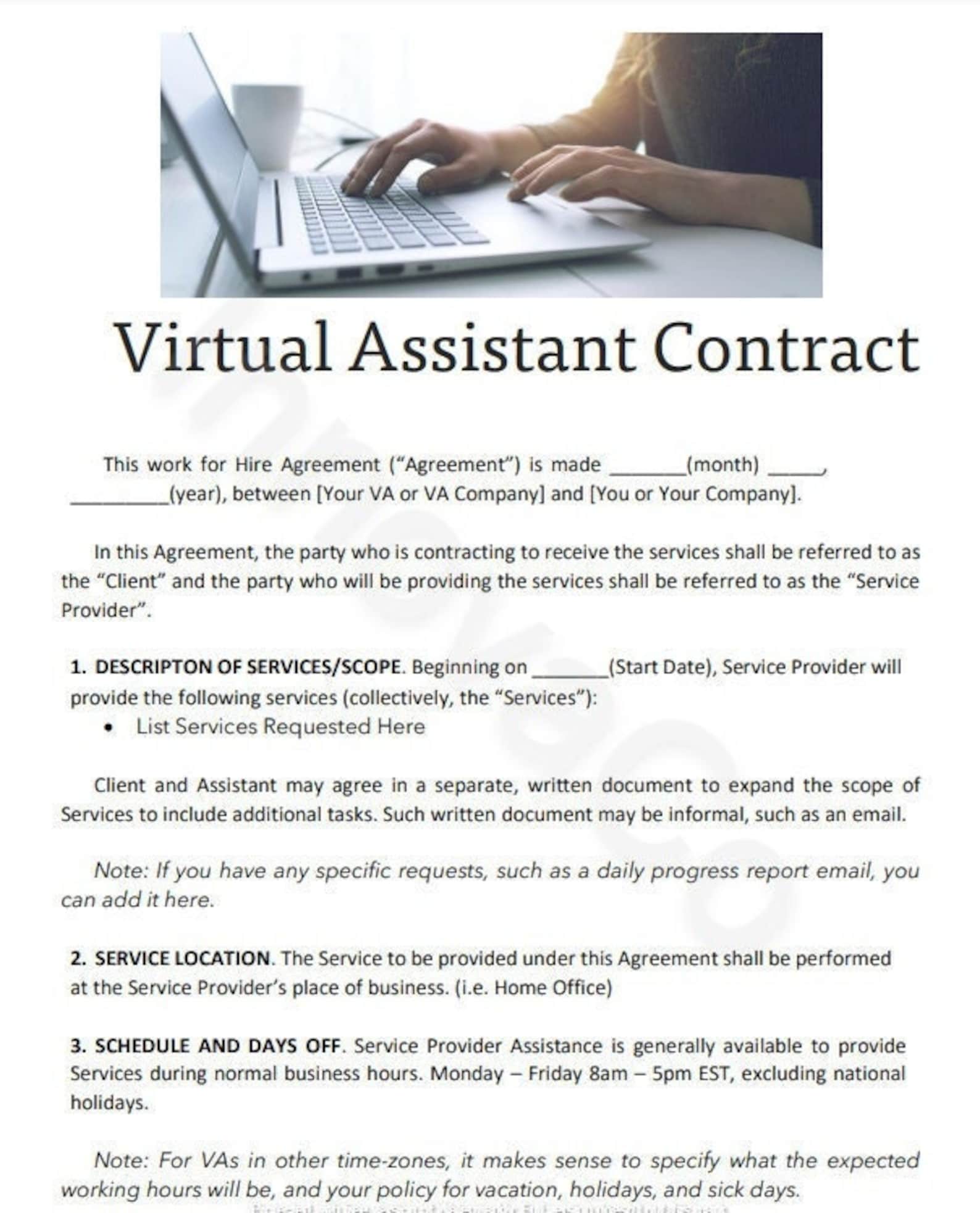 VA Contract Template, Virtual Assistant Contract, VA Agreement ...