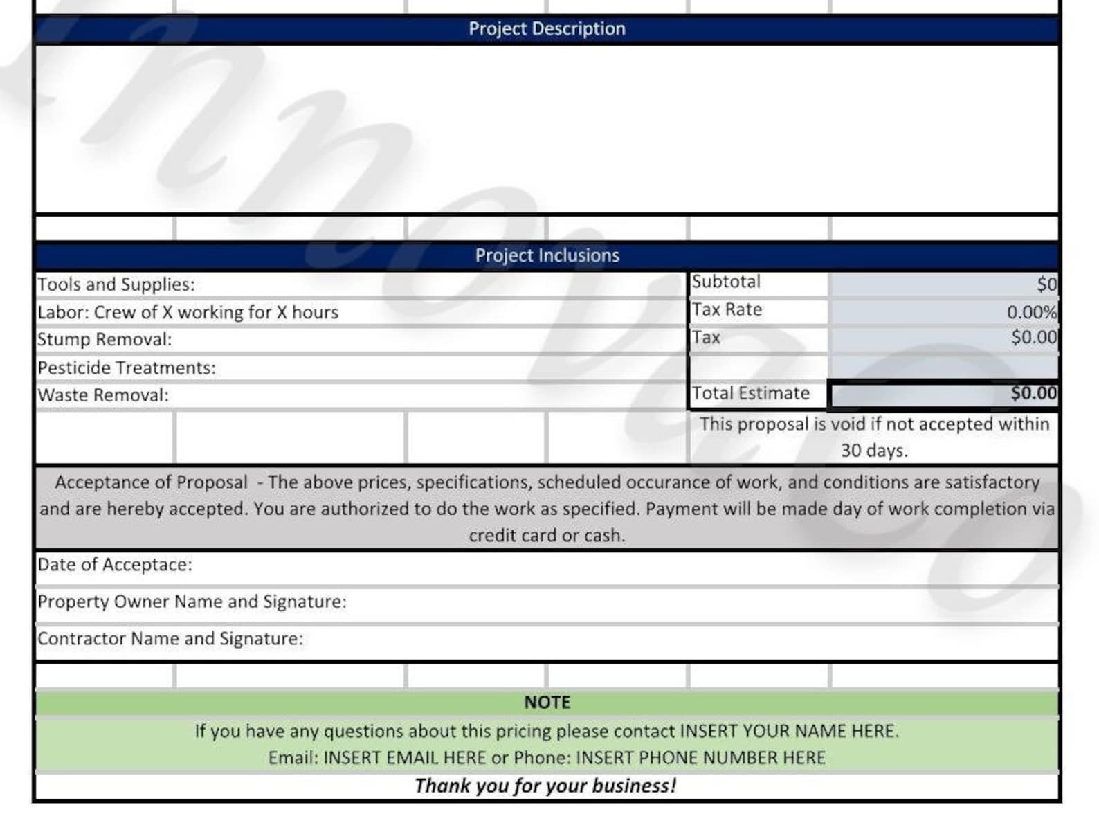 Tree Trimming Quote Template, Tree Care Estimate Template, Tree ...