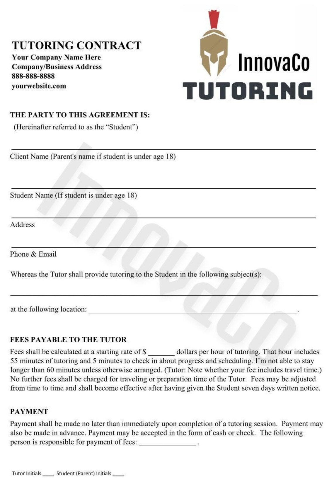 Tutoring Contract Template, Tutoring Forms, Tutoring Agreement ...