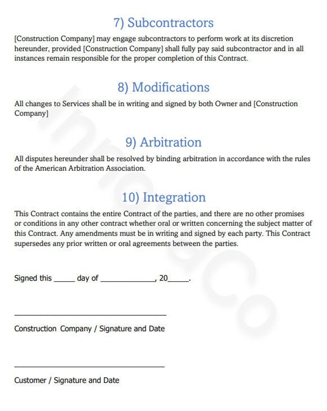 Basic Construction Contract, Basic Handyman Contract, Construction ...