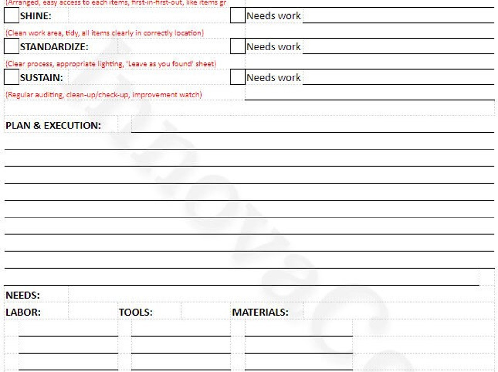 5S Checklist, 5S, LEAN Six Sigma, Checklist, Workplace Organization ...
