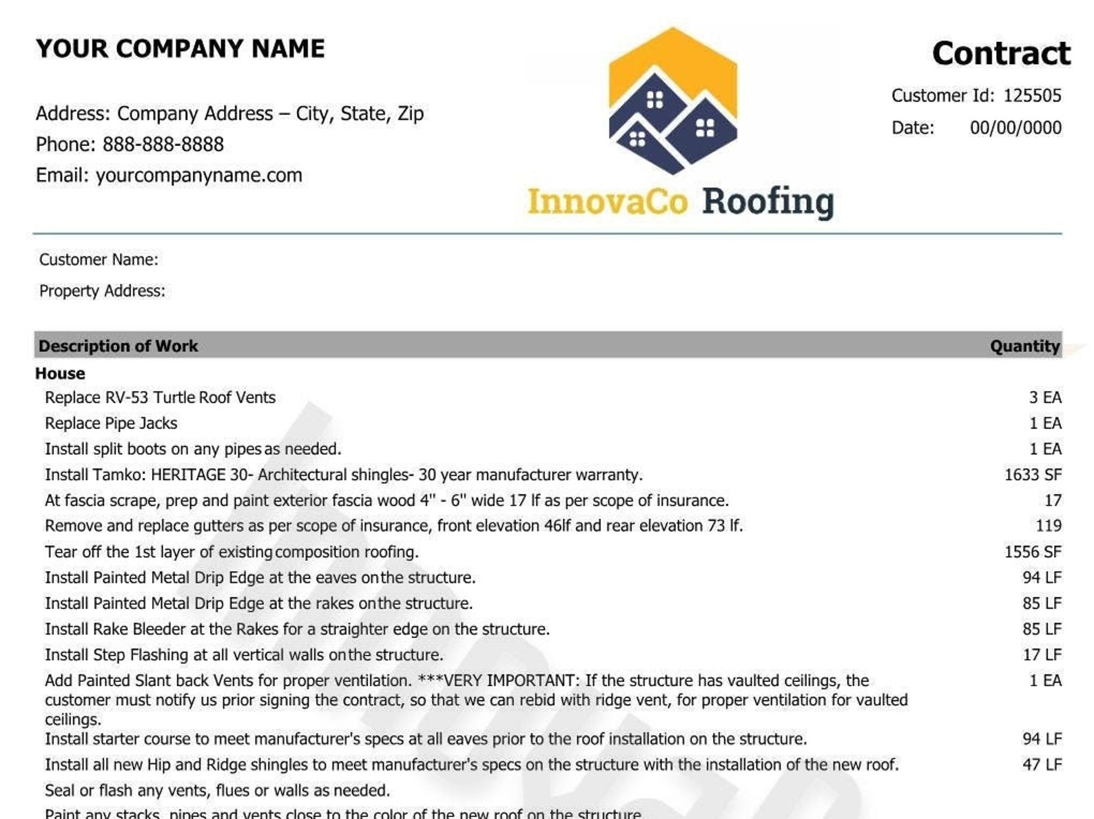 Roofing Contract Template, Roofing Quote Form, Roofing Contract Form ...