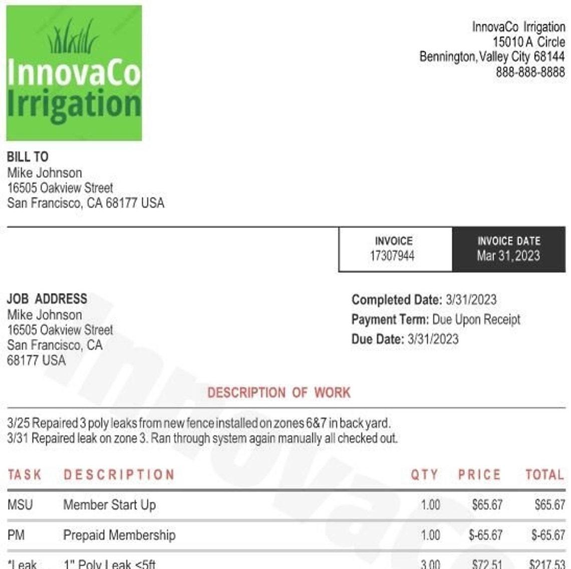 Irrigation Quote, Irrigation Invoice, Sprinkler Service Quote ...