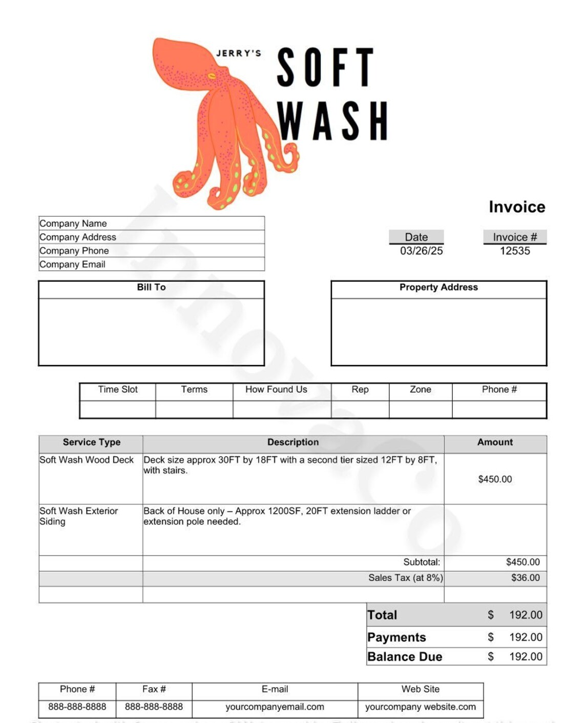 Soft Wash Invoice Template, Power Washing Invoice, Pressure Washing ...
