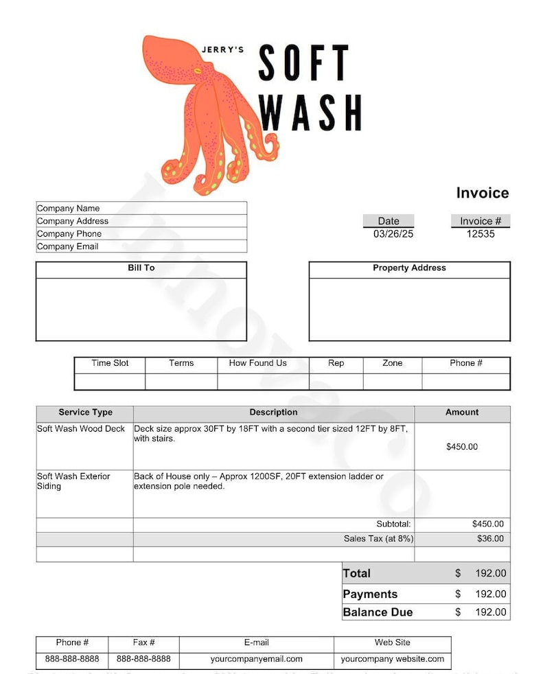 Soft Wash Invoice Template, Power Washing Invoice, Pressure Washing ...