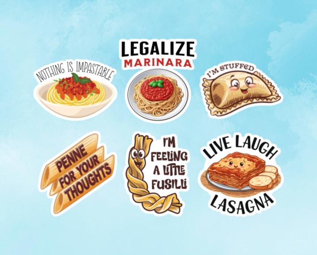 Set of 6 Pasta Stickers - Vinyl Sticker Pack - Funny Cook Chef Gift ...