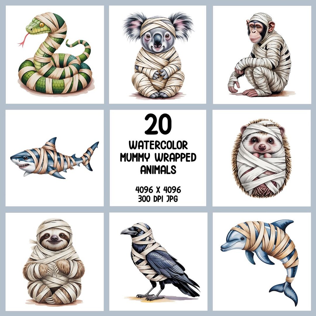 Halloween Clipart Bundle - 20 Watercolor Animals in Mummy Wrap ...