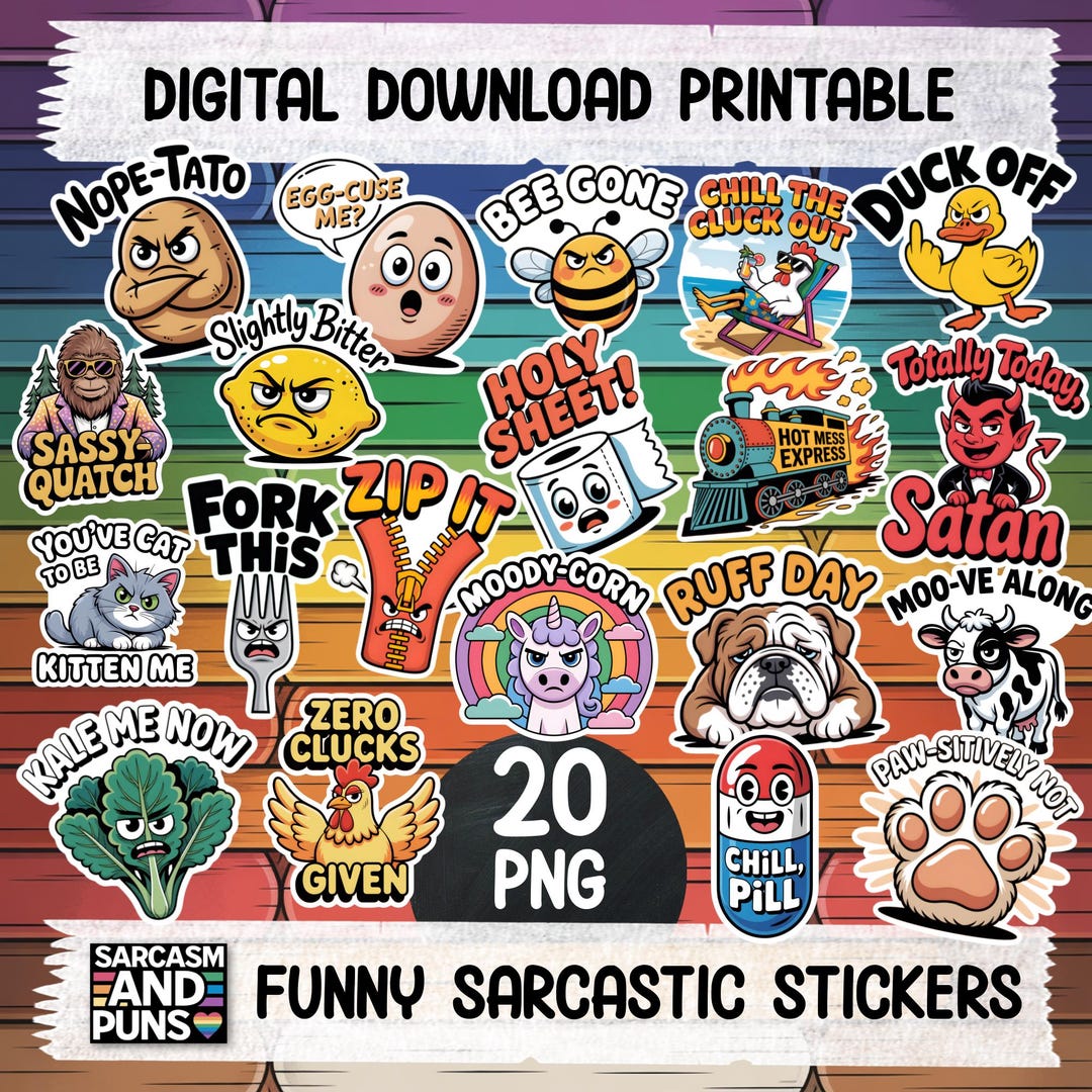 Sarcastic Humor Sticker Bundle - Instant Digital Download 20 PNG ...