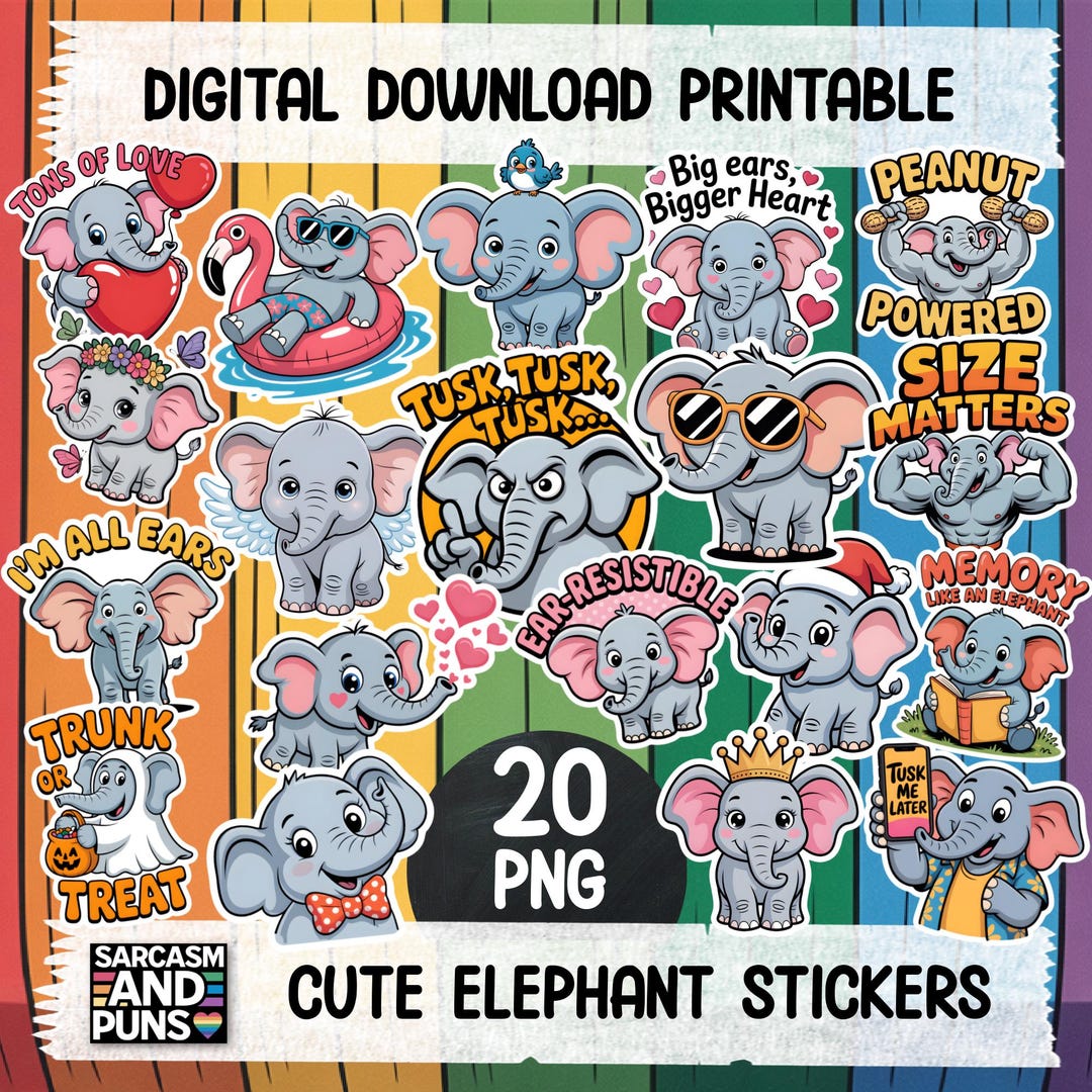 Cute Kawaii Elephant Sticker Bundle - Instant Digital Download 20 PNG ...