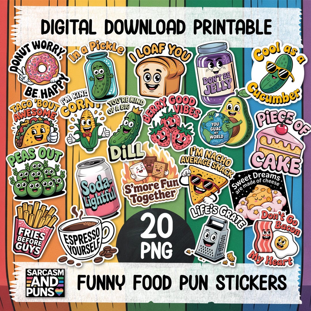 Funny Food Pun Sticker Bundle - Instant Digital Download 20 PNG ...