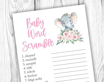 Girl Elephant Baby Shower Game, Word Scramble Game, Pink Floral Girl ...