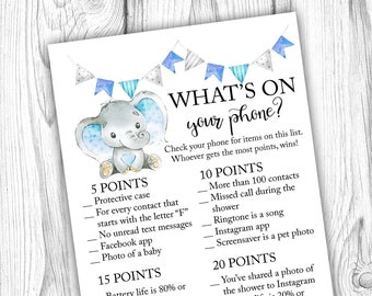 Boy Elephant Baby Shower Game, Whats in Your Phone Game, Blue Elephant ...