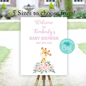 Giraffe Baby Shower Sign, Girl Giraffe Welcome Sign, Pink Floral ...