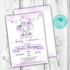 Purple Elephant Baby Shower Invitation, Girl Elephant Lavender Editable ...