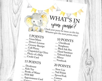 Yellow Elephant What's in Your Purse Baby Shower Game - Etsy