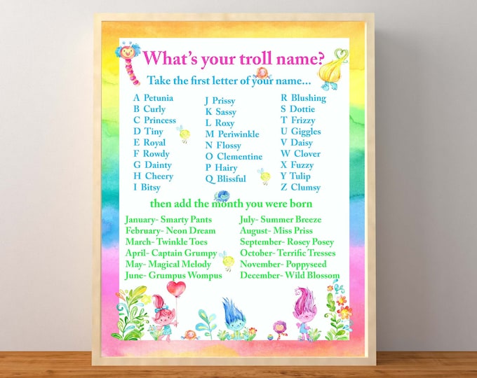 What's Your Troll Name? Troll Themed Birthday Party Game, Trolls Party ...