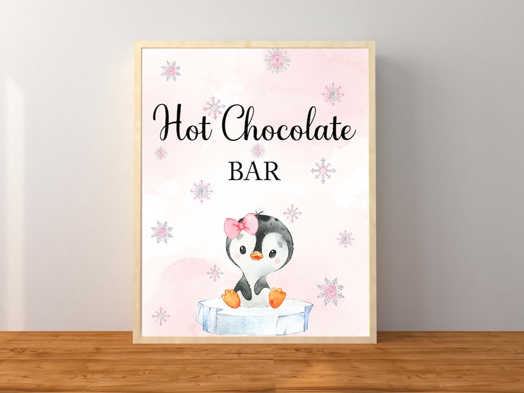 Pink Penguin Hot Chocolate Bar Sign, Girl Penguin Baby Shower ...