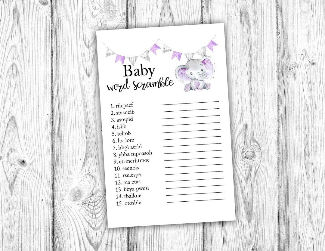 Elephant Baby Word Scramble, Purple Elephant Baby Shower Game, Elephant ...