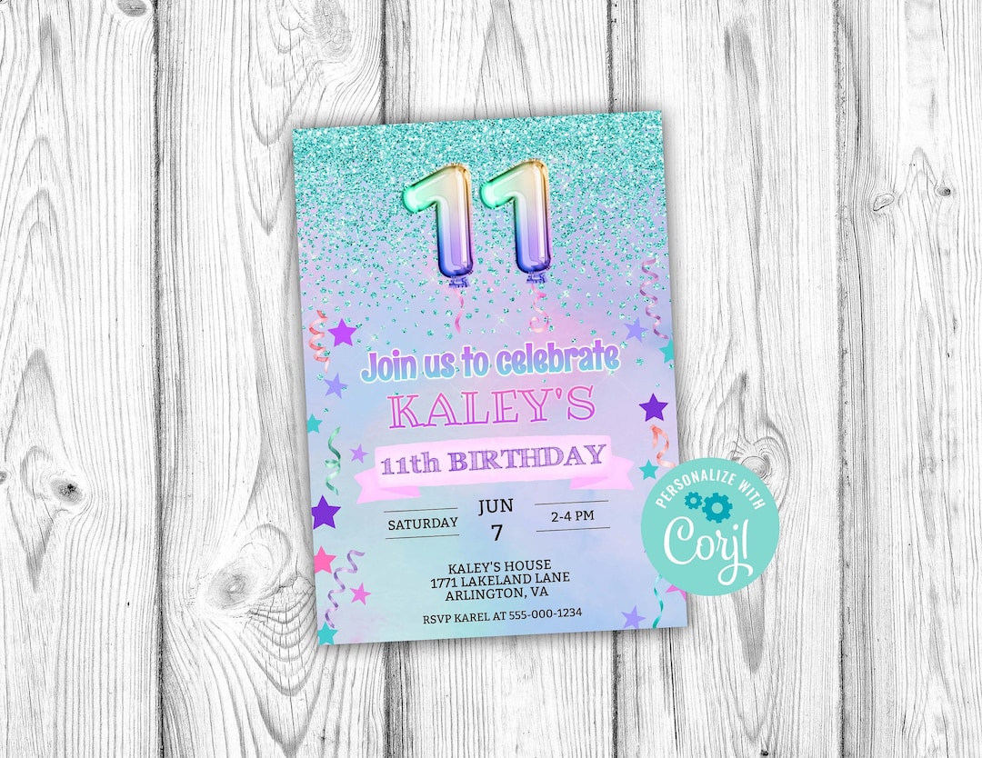 Girls 11th Birthday Party Invitation, Girl Eleventh Birthday Editable ...