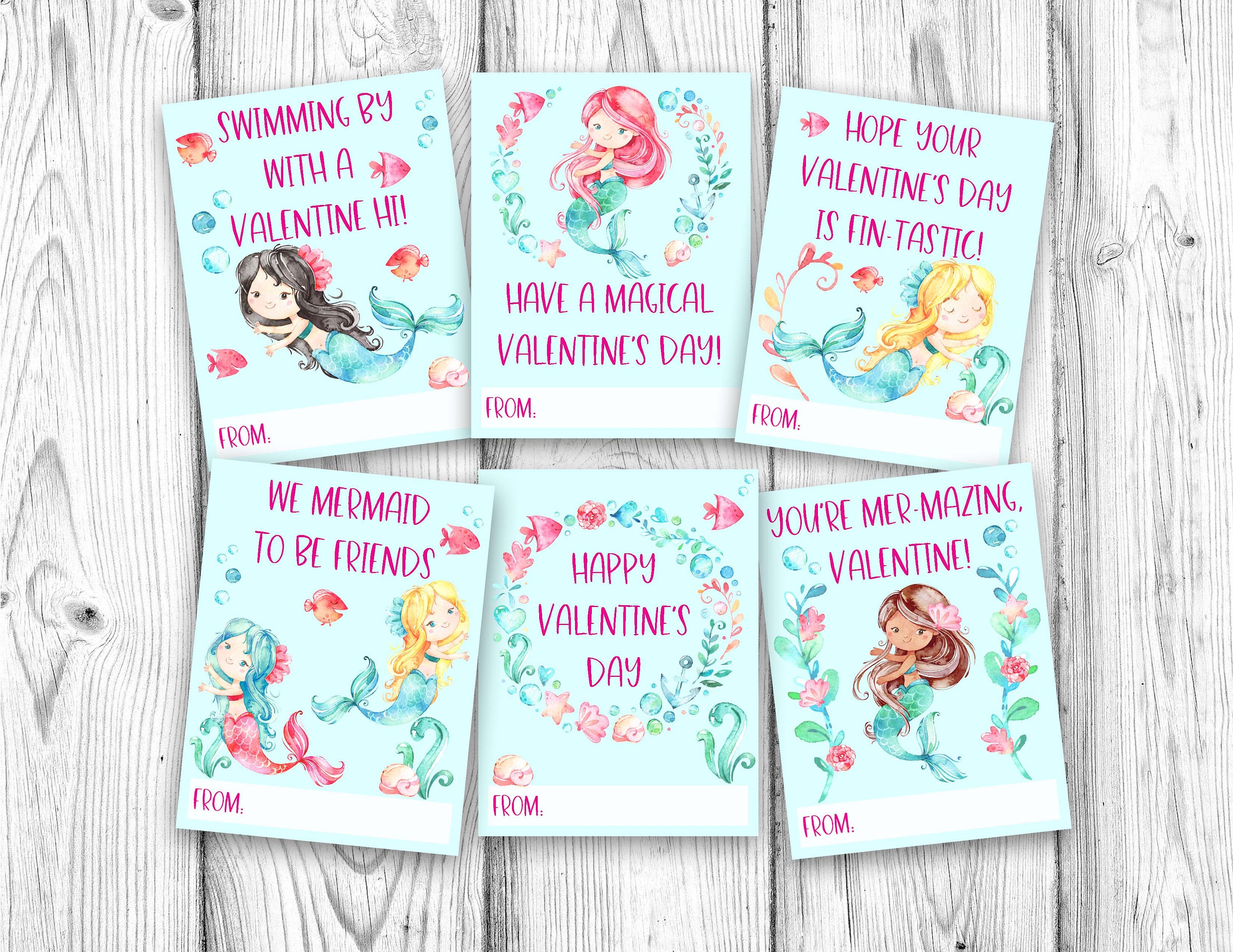 Mermaid Valentine's Day Cards Girls Valentine Cards | Etsy