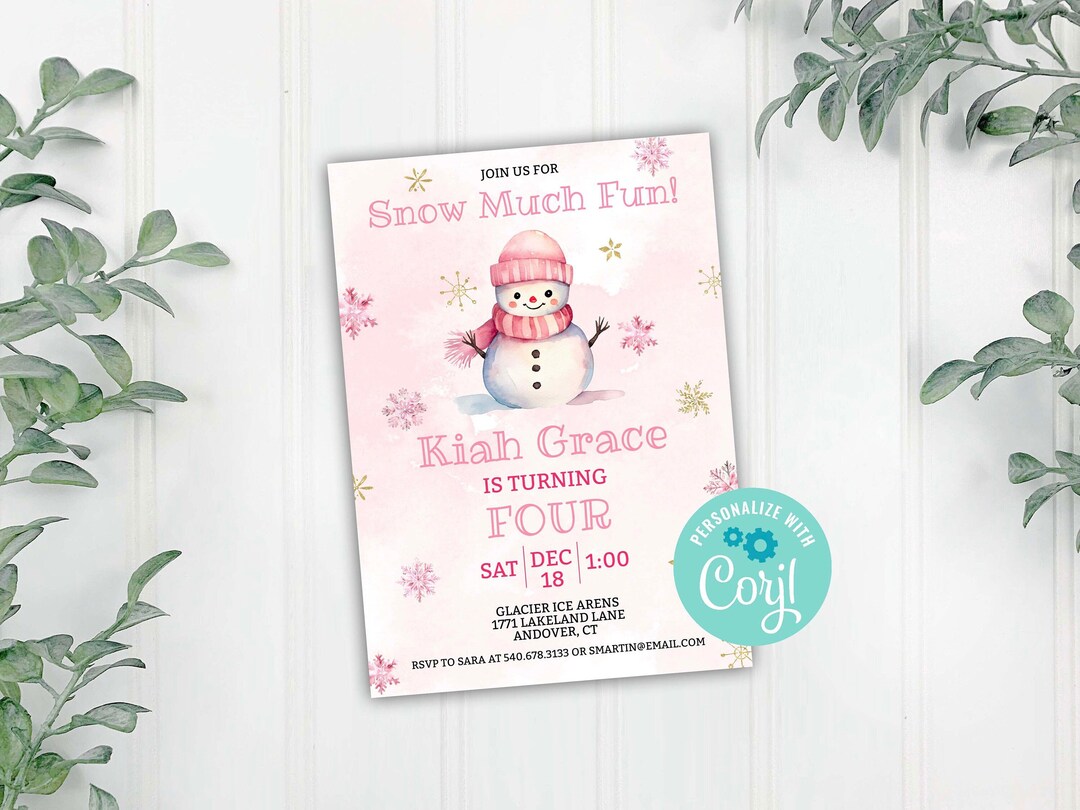 Pink Snowman Birthday Party Invitation, Girls Snowman Party Invite ...