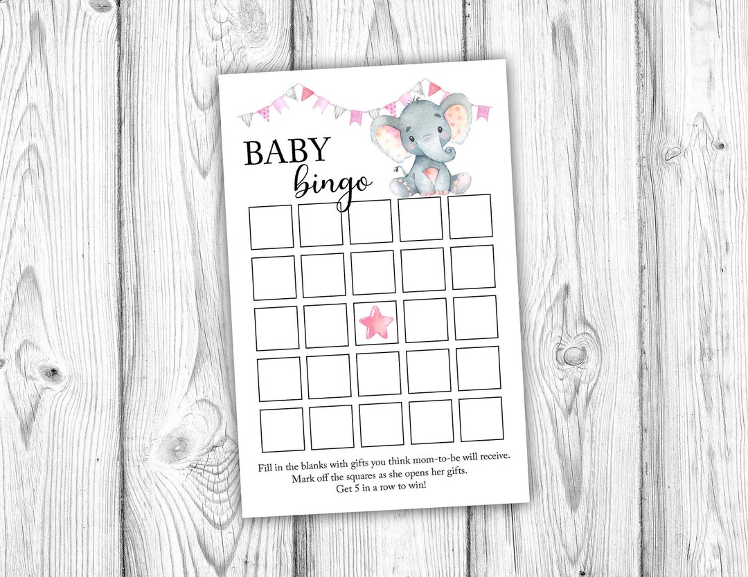 Pink Elephant Baby Shower Bingo Game, Blank Elephant Bingo Cards, Pink ...