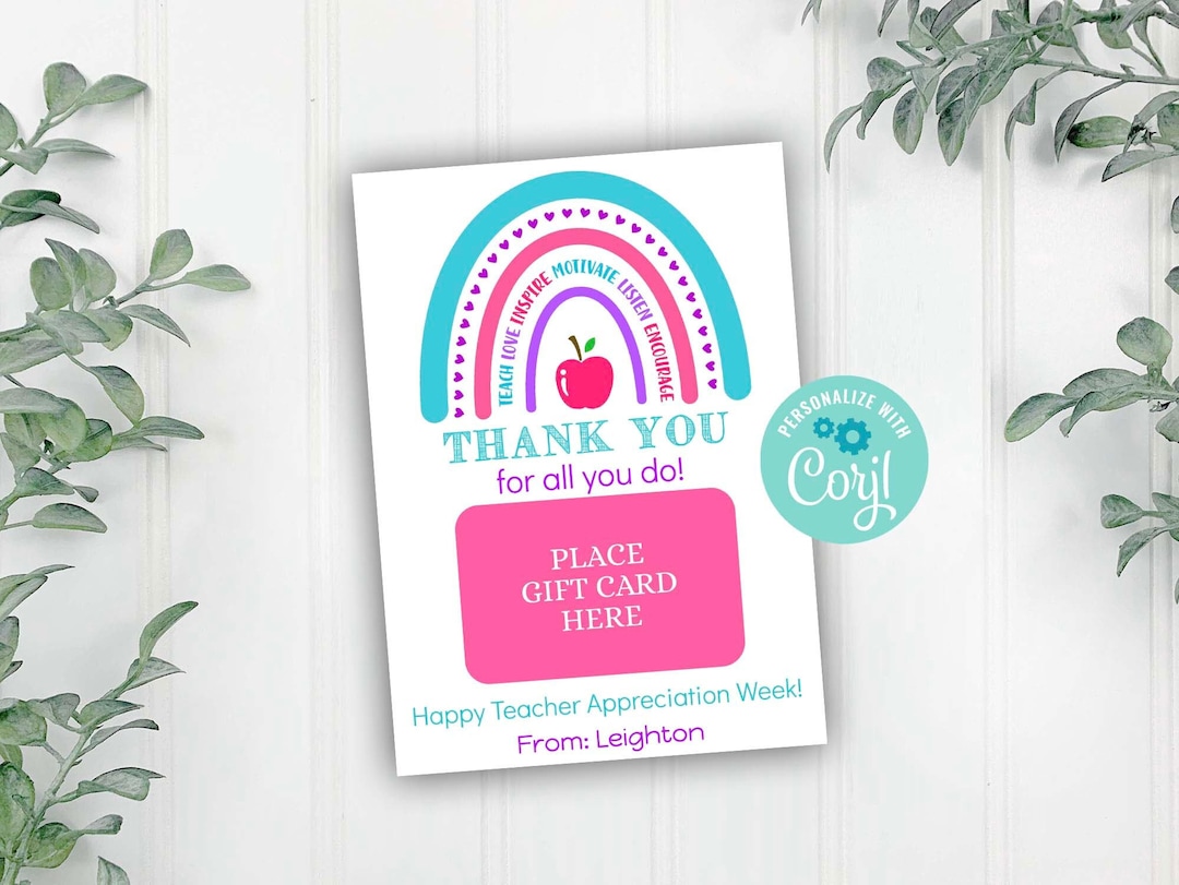 Teacher Appreciation Gift Card Holder, Editable Rainbow Teacher's Week ...