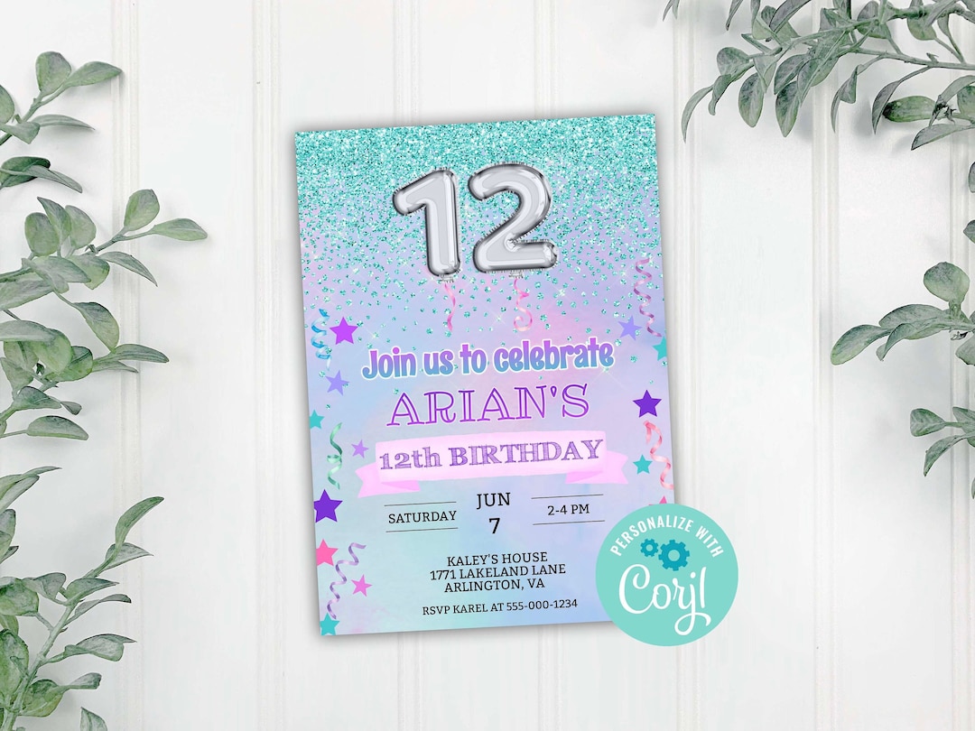 Girls 12th Birthday Party Invitation, Girl Twelfth Birthday Editable ...