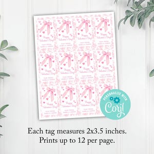 Editable Pink Bow Valentine's Day Cards, Girl Valentine Treat Tags ...