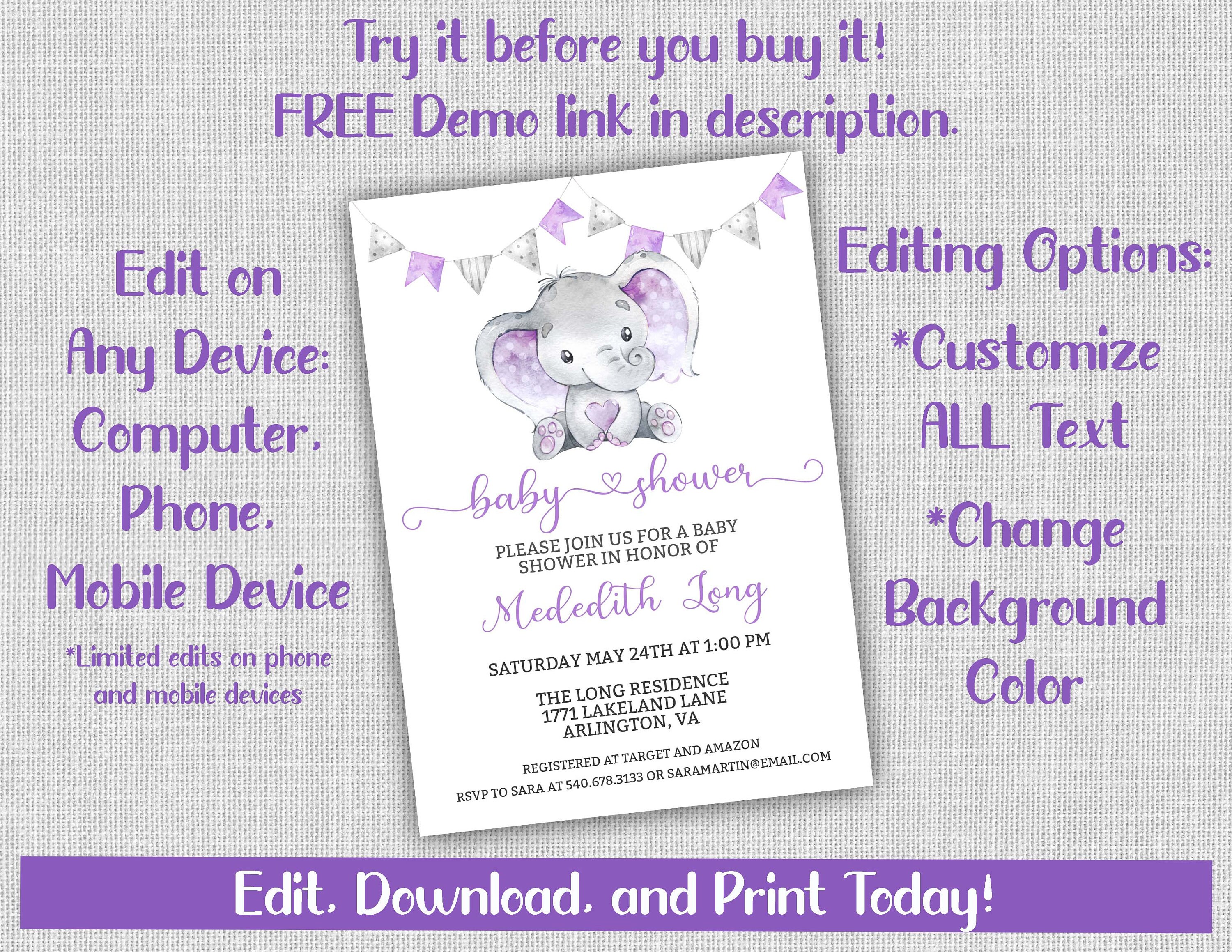 Purple Elephant Baby Shower Invitation, Girl Elephant Invitation ...