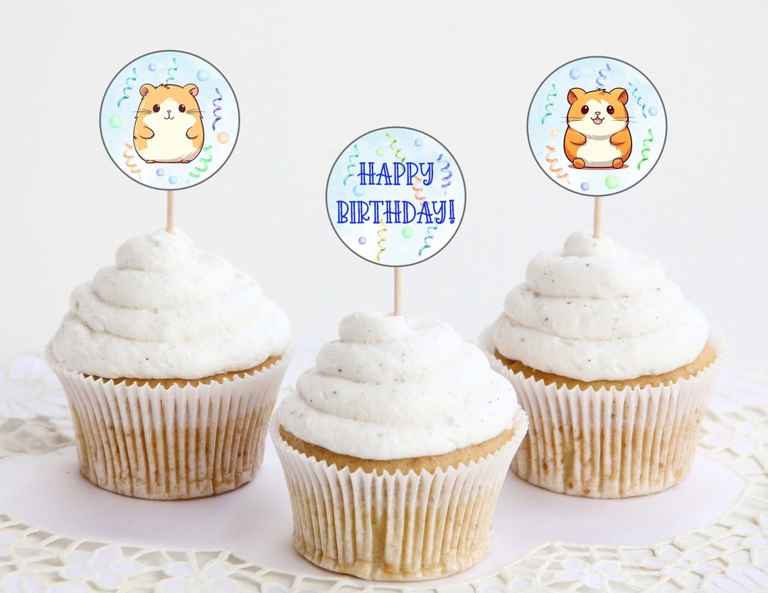 Hamster Cupcake Toppers, Cute Hamster Birthday Party Decorations, Blue ...