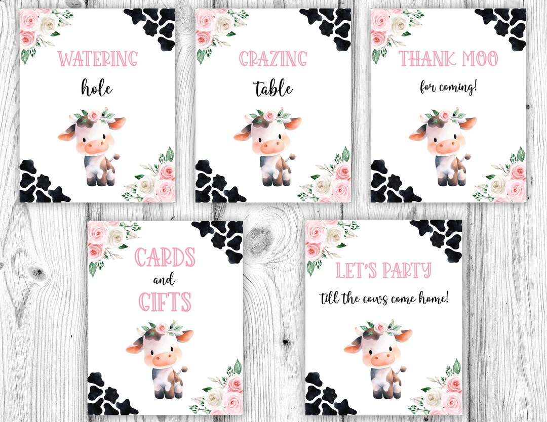 Cow Print Birthday Party Bundle Signs, Pink Floral Cow Girl Baby Shower ...