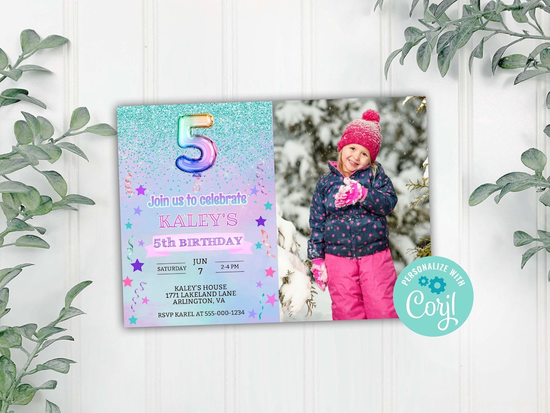 Girls 5th Birthday Party Photo Invitation, Girl Fifth Birthday Editable ...