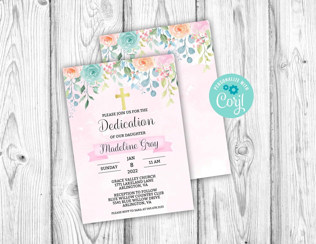 Pink Floral Dedication Invitation, Pastel Floral Dedication Editable ...