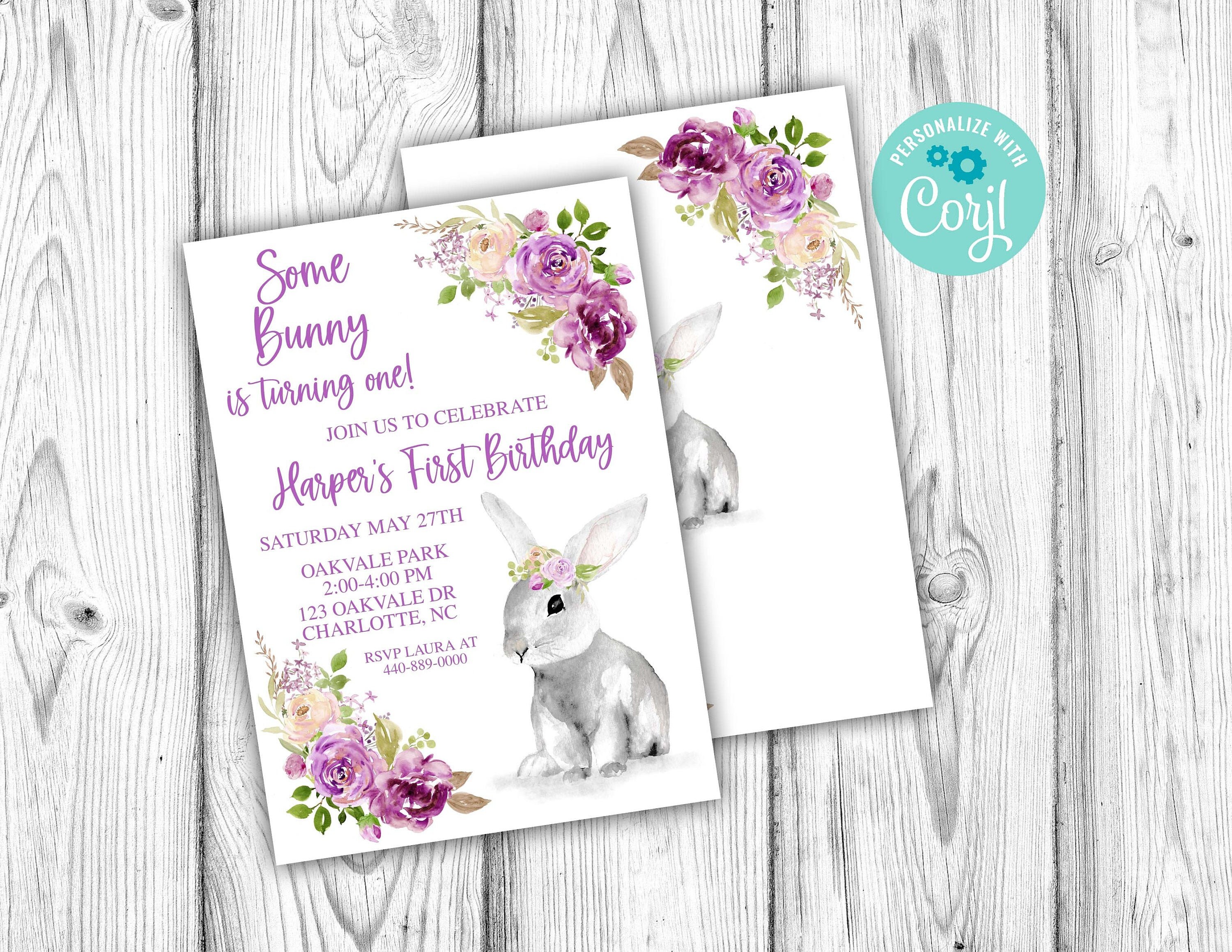 Bunny Birthday Party Invitation, Bunny Invitation, Editable Invitation ...