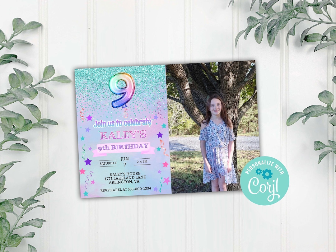 Girls 9th Birthday Party Photo Invitation, Girl Ninth Birthday Editable ...