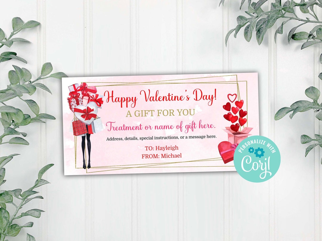 Valentine's Day Gift Certificate Template, Editable Pink and Red Gifts ...