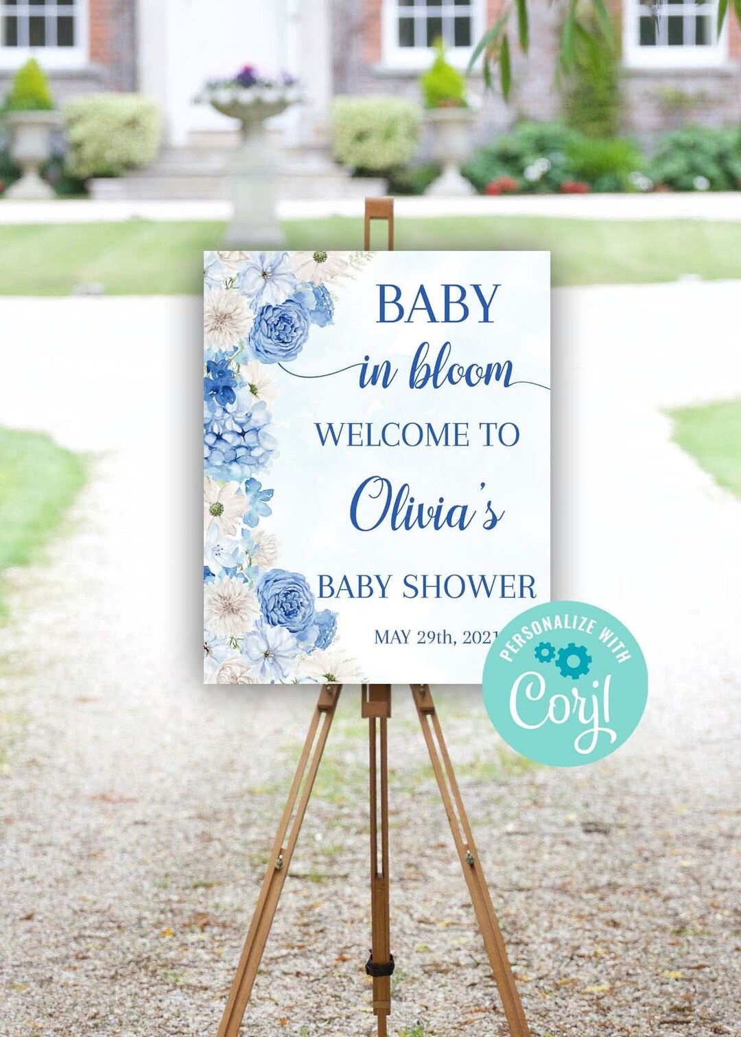 Blue Baby in Bloom Floral Baby Shower Welcome Sign, Baby Boy Blue and ...