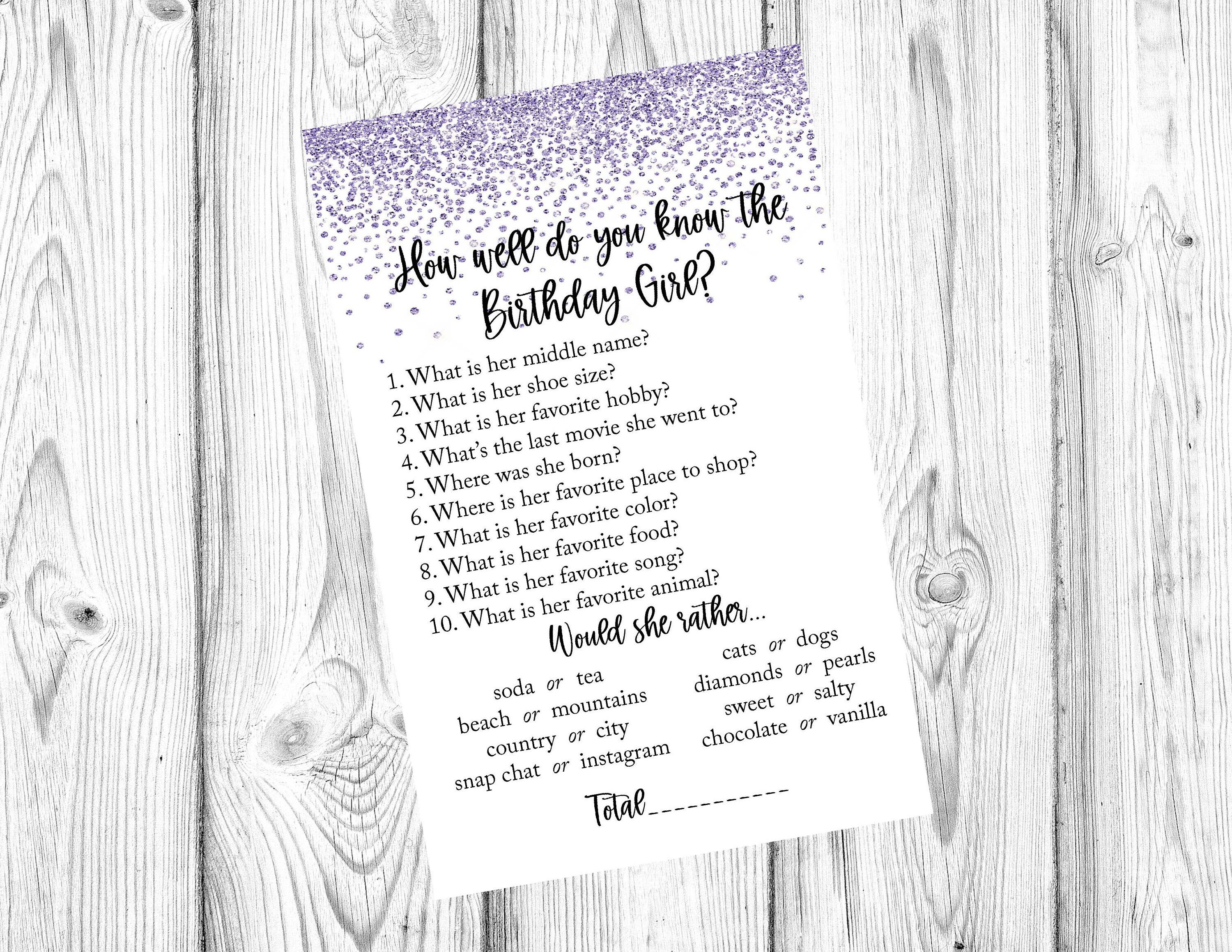 How Well Do You Know the Birthday Girl Game, Purple Birthday Party Game ...