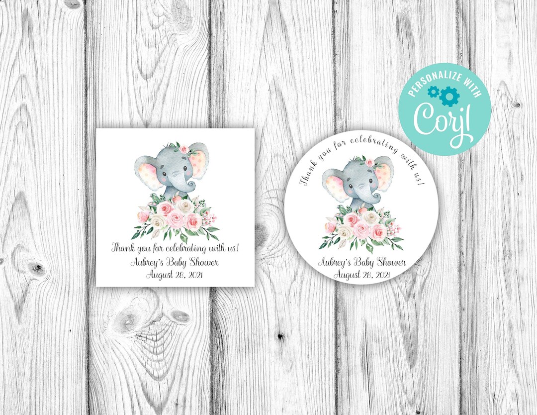Pink Floral Elephant Baby Shower Favor Tags, Editable Favor Tags, Corjl ...