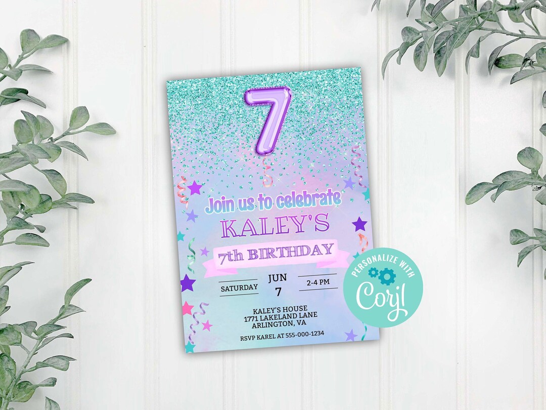 Girls 7th Birthday Party Invitation, Editable Girl Seventh Birthday ...