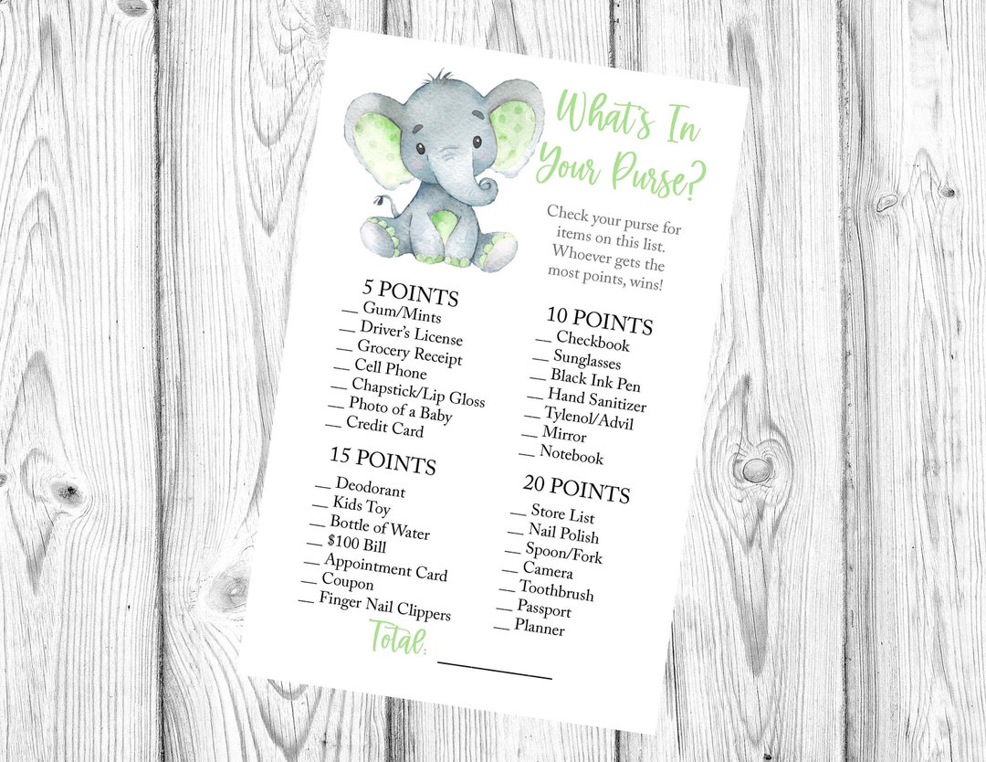 Green Elephant What's in Your Purse Game, Elephant Baby Shower Games ...