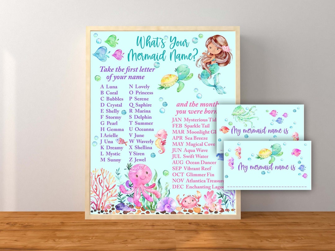 Mermaid Birthday Party Decorations, Mermaid Name Game Sign and Tags ...