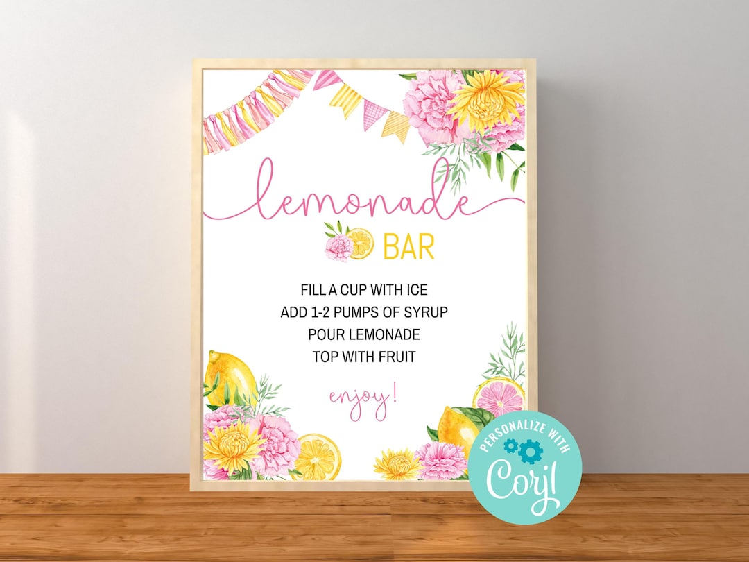 Editable Lemonade Bar Sign, Floral Pink Lemonade Drink Station Menu ...