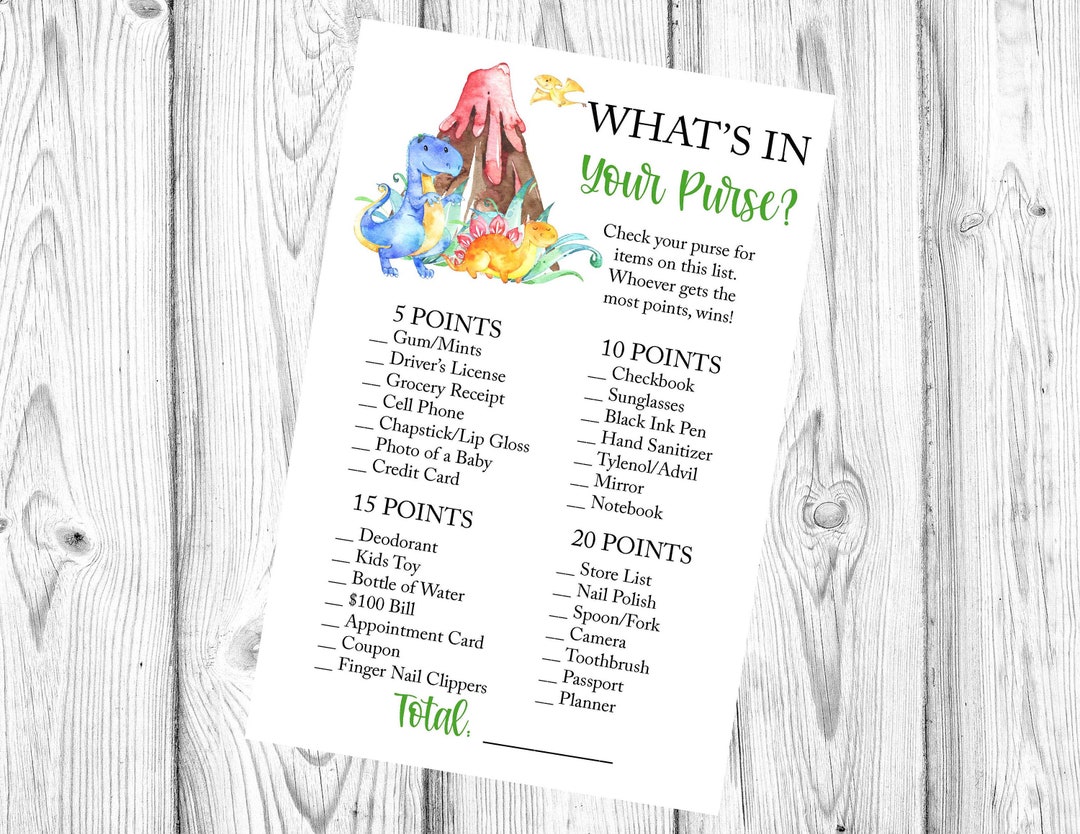 Dinosaur What's in Your Purse Game, Dinosaur Baby Shower Activity ...