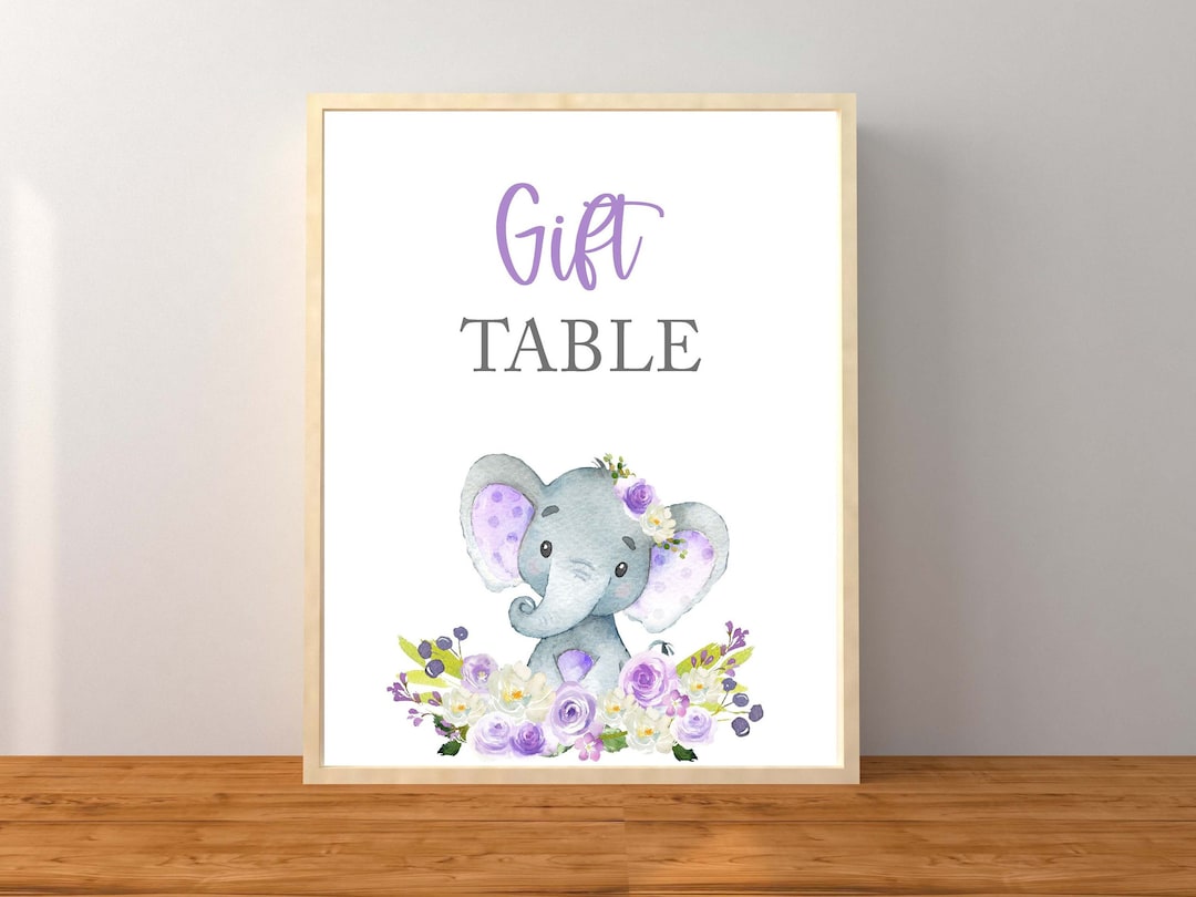 Gift Table Sign, Floral Elephant Gift Table Sign, Purple Elephant Baby ...